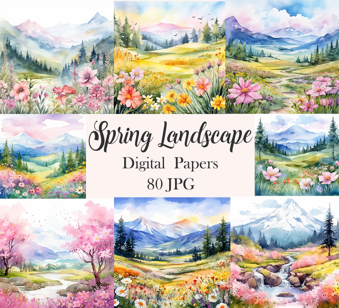 Spring Landscape Digital Paper, Watercolor Spring Scene Background ...