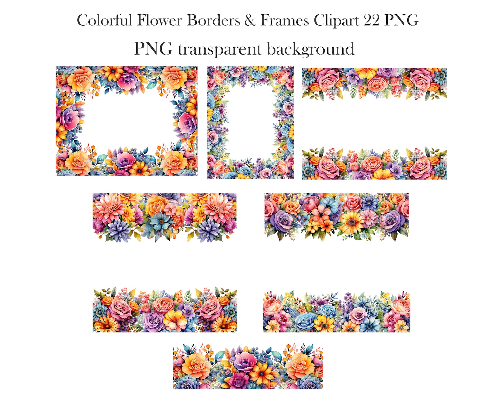Colorful Flower Border Clipart, Watercolor Rainbow Flower Frame PNG ...