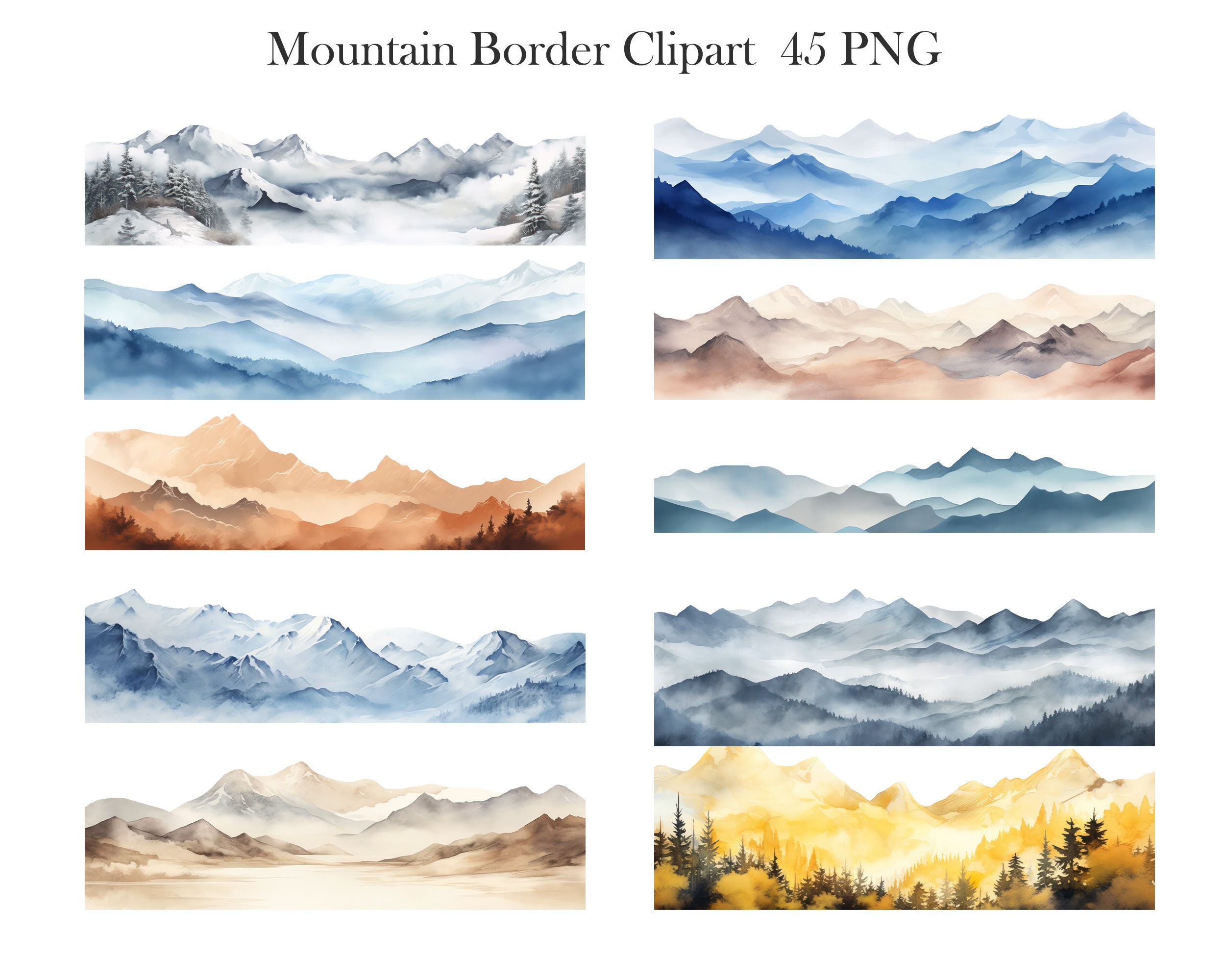 Mountain Clipart, Mountain Border, Mountain PNG, Watercolor Mountain ...