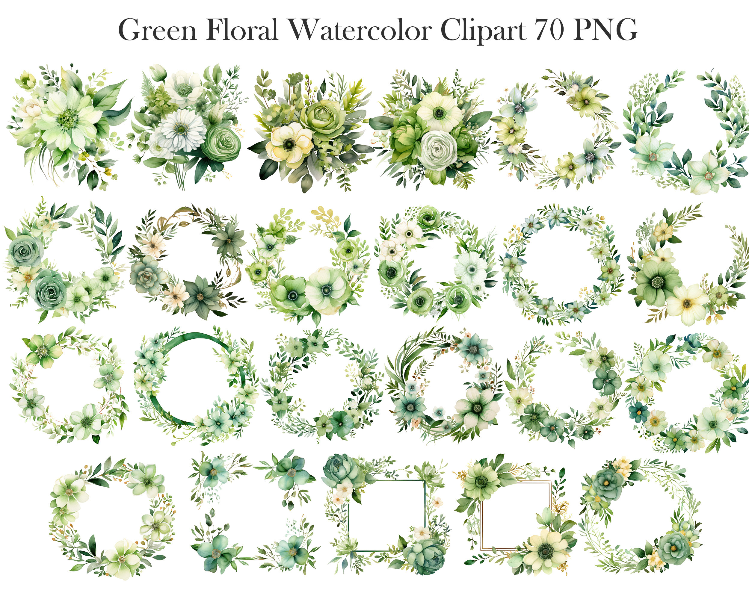 Green Floral PNG Clipart, Watercolor Flower PNG, Floral Bouquet Wreath ...