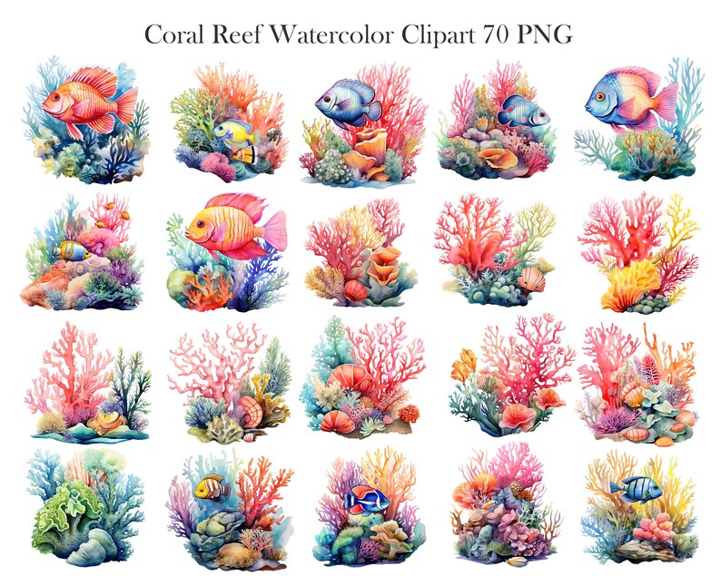 Coral Reef Clipart, Watercolor Coral Reef PNG Bundle, Underwater ...