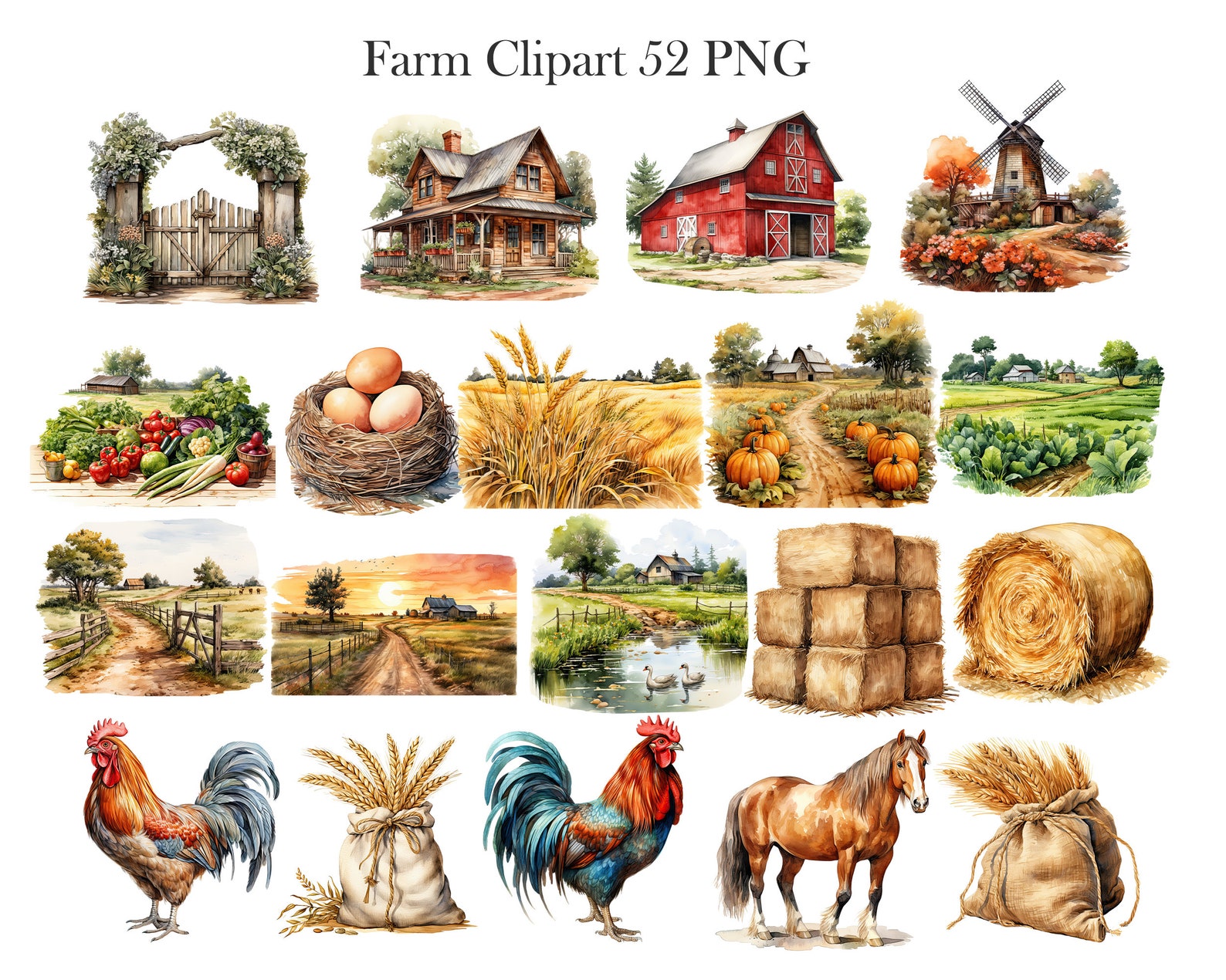 Farm Clipart, Watercolor Farm PNG, Farm Sublimation, Barn, Digital ...