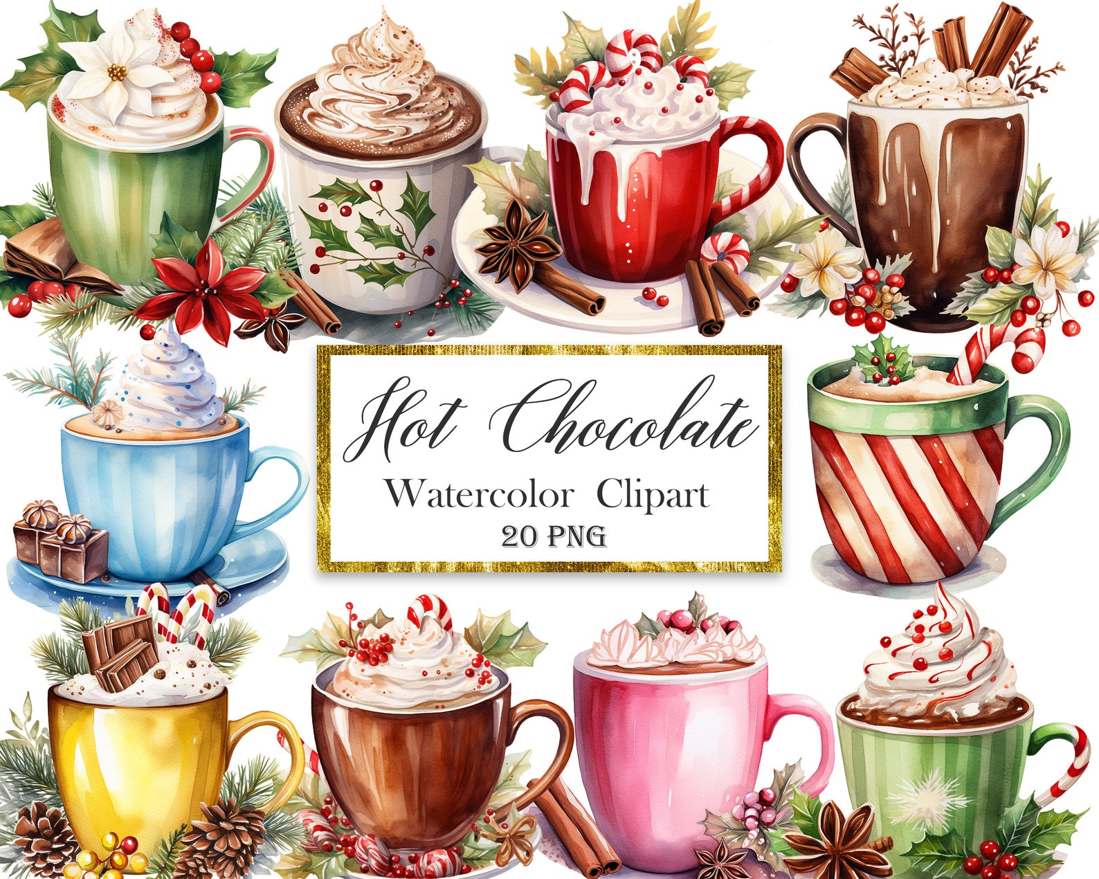 Hot Chocolate Mug Watercolor Clipart, Christmas Decor Clipart Png - Etsy