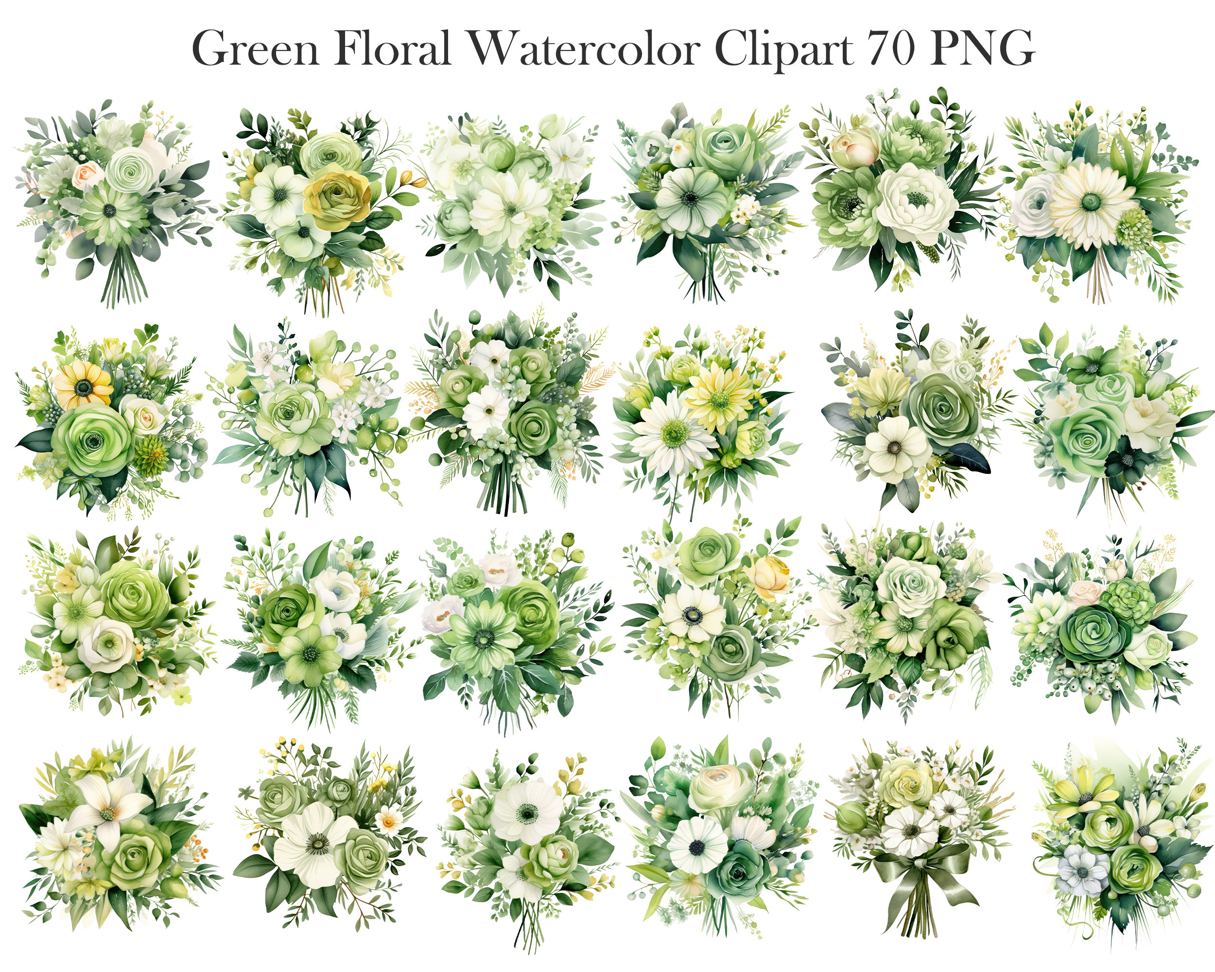 Green Floral PNG Clipart, Watercolor Flower PNG, Floral Bouquet Wreath ...