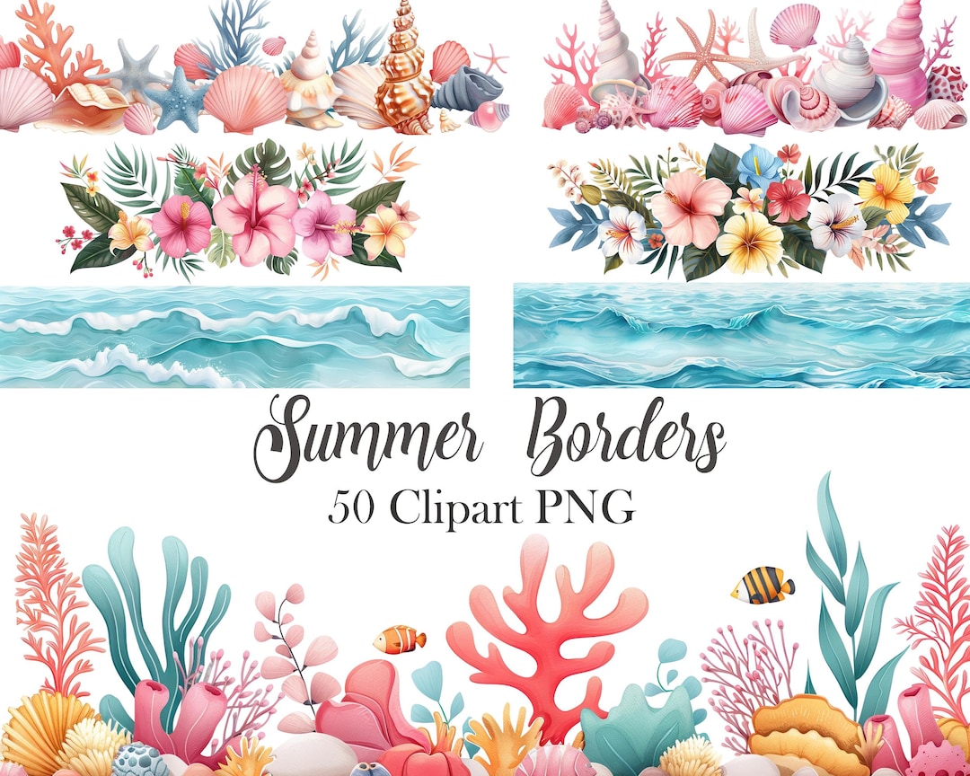 Summer Border Clipart, Watercolor Summer PNG, Waves Sublimation, Coral ...