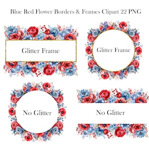 Blue Red Flower Border Clipart, Watercolor Flower PNG Bundle, Blue Red ...