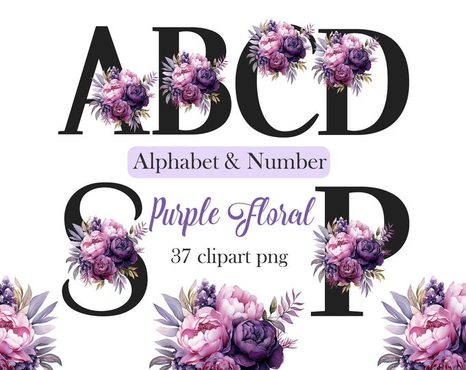 Floral Purple Alphabet Clipart | Floral Alphabet PNG | Alphabet PNG ...