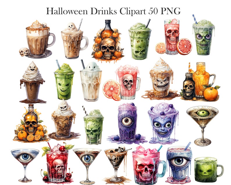 Halloween Drink Clipart, Watercolor Halloween PNG, Spooky Drinks ...