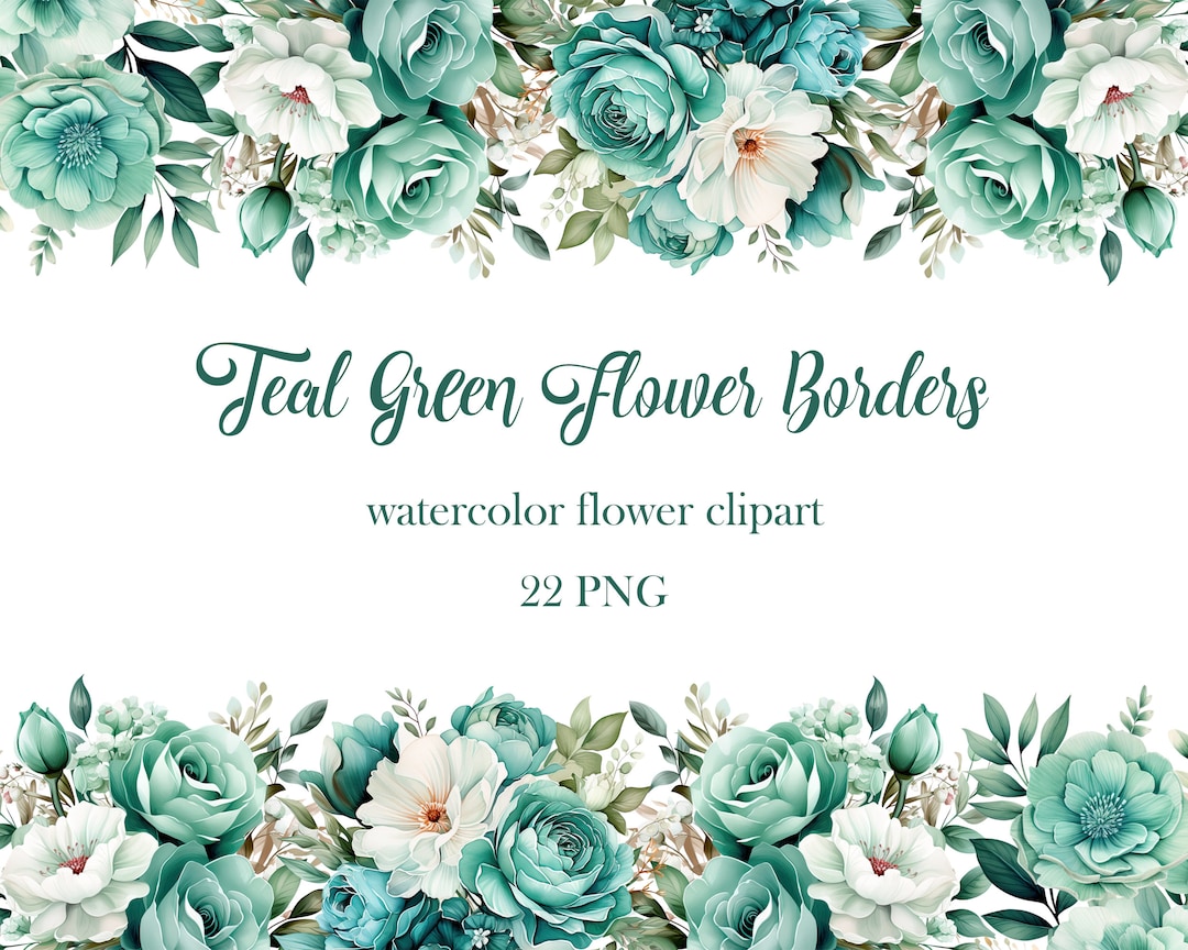 Teal Green Flower Border Clipart, Watercolor Green Floral PNG, Flower ...