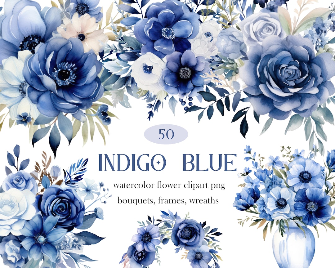 Indigo Blue Flower PNG, Watercolor Blue Floral Clipart Bundle, Wedding ...