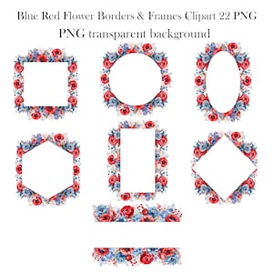 Blue Red Flower Border Clipart, Watercolor Flower PNG Bundle, Blue Red ...