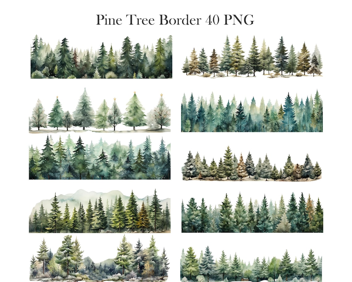 Pine Tree Border Clipart, Watercolor Christmas Tree Borders PNG, Tree ...