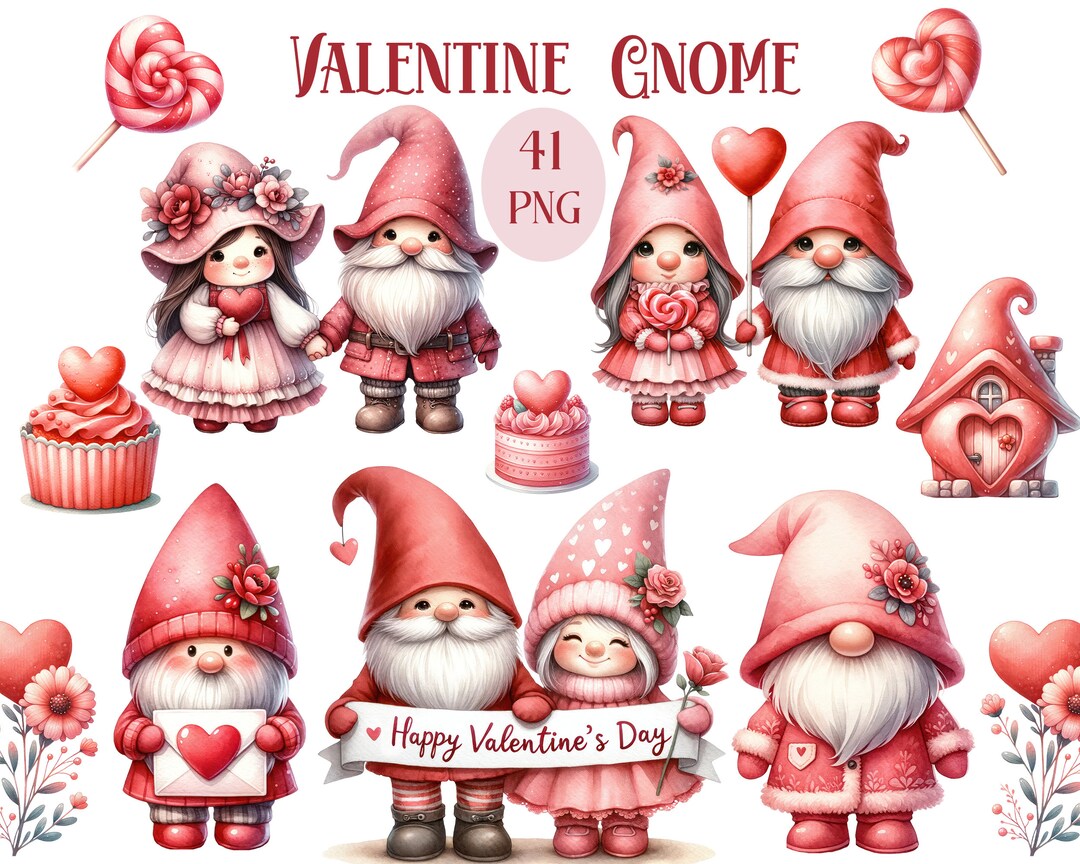 Valentine Gnome PNG, Watercolor Valentine Gnome Clipart Bundle ...