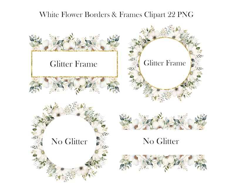 White Flower Border Clipart, Watercolor Floral Clipart Bundle, Wedding ...