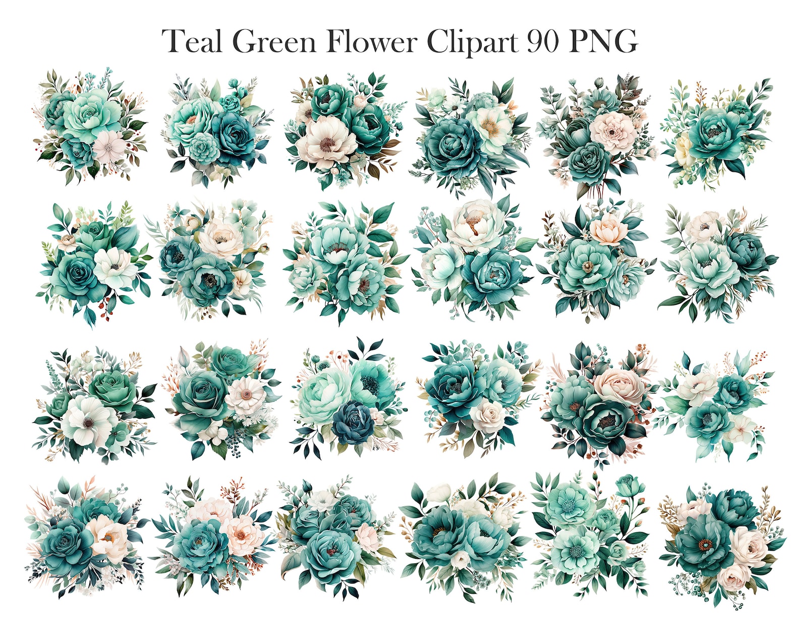 Teal Green Flower PNG, Watercolor Green Floral Clipart Bundle, Spring ...