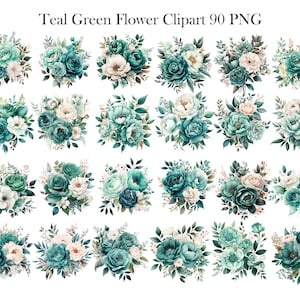 Teal Green Flower PNG, Watercolor Green Floral Clipart Bundle, Spring ...
