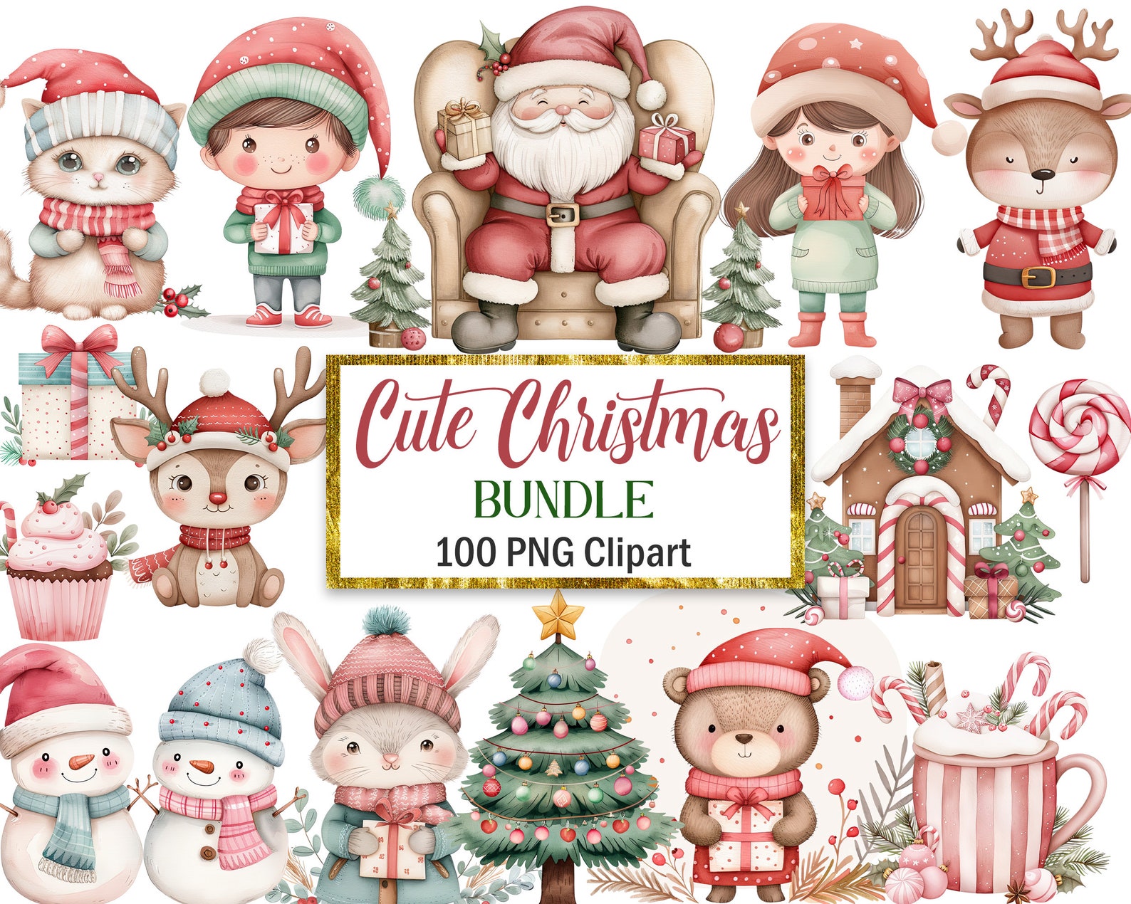 Cute Christmas Clipart Bundle, Watercolor Christmas PNG, Christmas ...