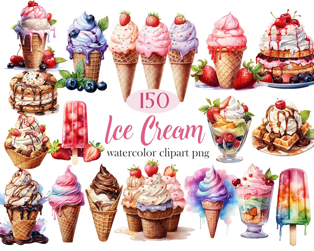 Ice Cream Clipart, Watercolor Ice Cream PNG Bundle, Popsicle, Summer ...