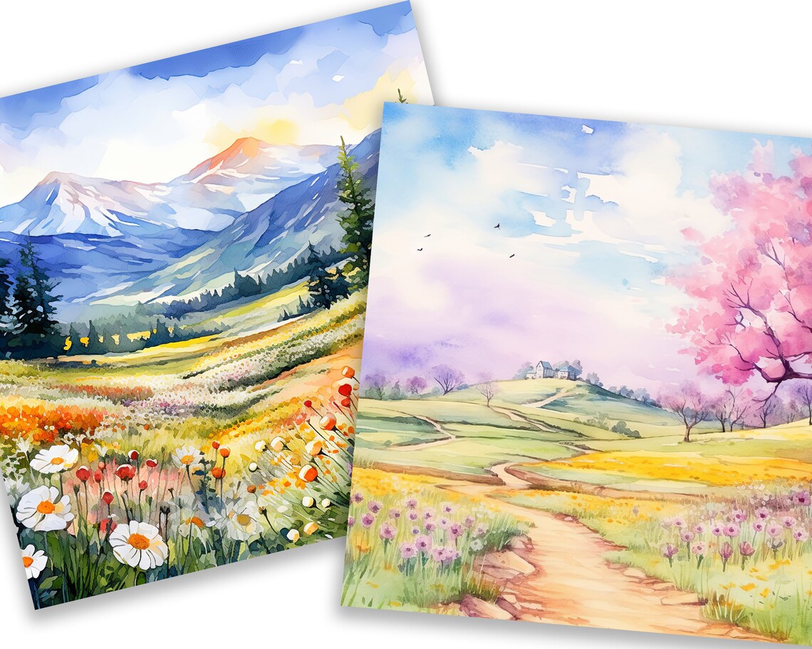 Spring Landscape Digital Paper, Watercolor Spring Scene Background ...