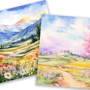 Spring Landscape Digital Paper, Watercolor Spring Scene Background ...