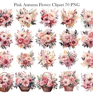 Pink Autumn Flower PNG, Watercolor Fall Flower Clipart Bundle, Wreath ...