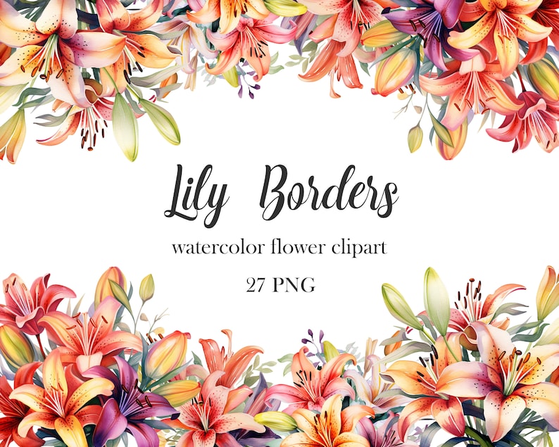 Lily Border Clipart, Watercolor Lily Frame Clipart, Flower Borders ...