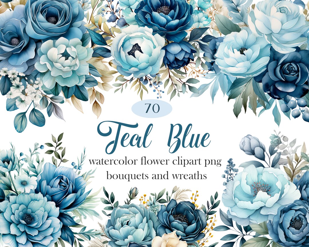 Teal Blue Flower PNG, Watercolor Blue Floral Clipart Bundle, Winter ...