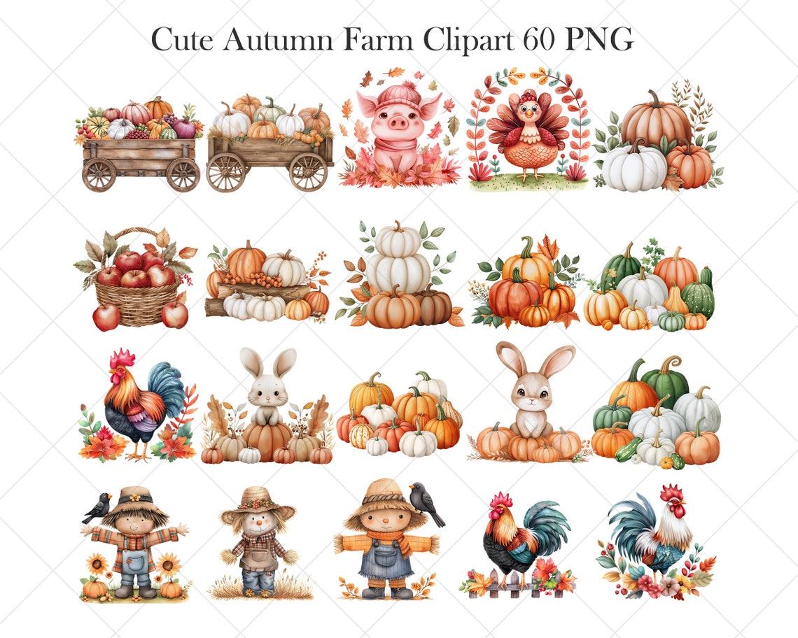 Cute Autumn Farm Clipart, Watercolor Fall PNG, Fall Sublimation ...