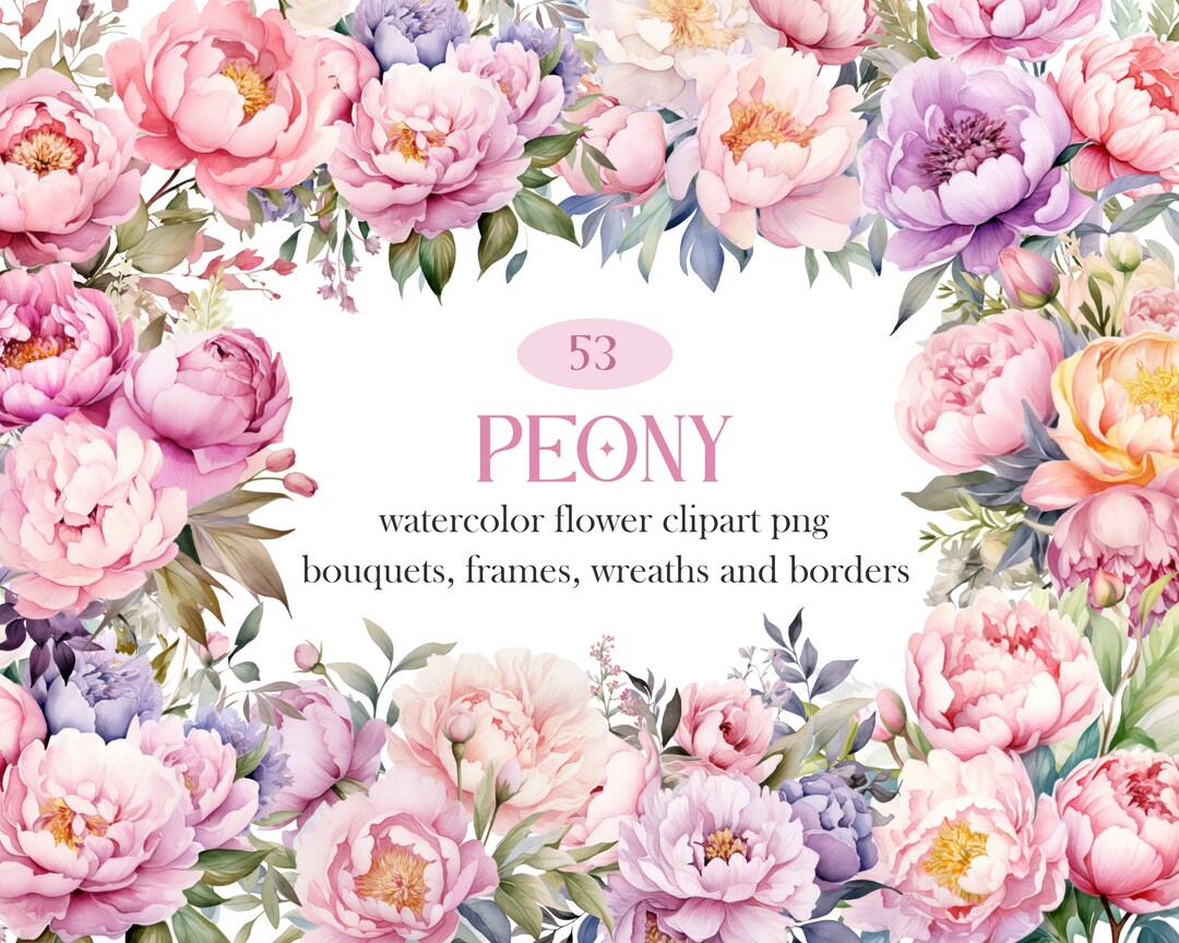 Peony Flower Clipart, Watercolor Floral PNG, Wedding Bouquet Wreath ...