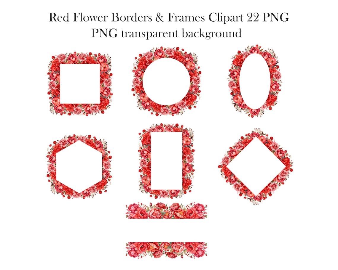 Red Flower Border Clipart, Watercolor Red Floral PNG Bundle, Flower ...