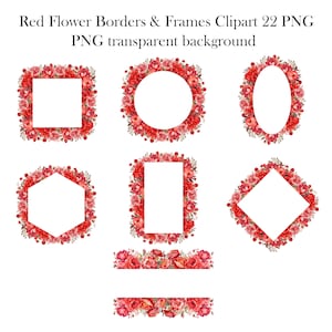 Red Flower Border Clipart, Watercolor Red Floral PNG Bundle, Flower ...