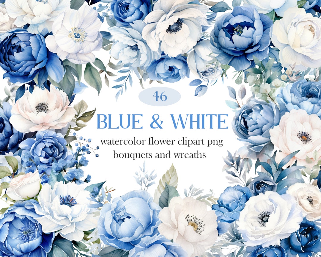 Blue White Flower Clipart, Watercolor Blue Flower Clipart Bundle ...