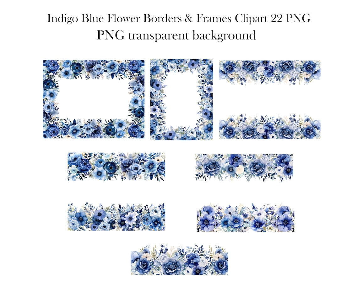 Indigo Blue Flower Border Clipart, Watercolor Flower Borders PNG Bundle ...