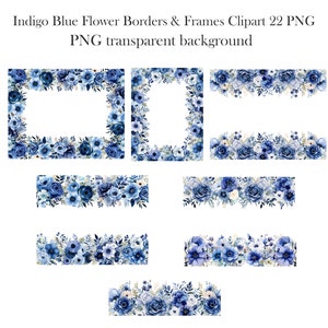 Indigo Blue Flower Border Clipart, Watercolor Flower Borders PNG Bundle ...