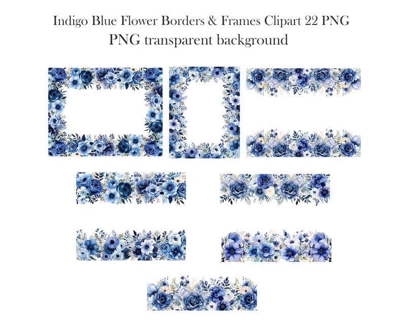 Indigo Blue Flower Border Clipart, Watercolor Flower Borders PNG Bundle ...