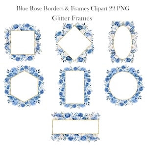 Blue Rose Border Clipart, Watercolor Flower Border PNG Bundle, Wedding ...