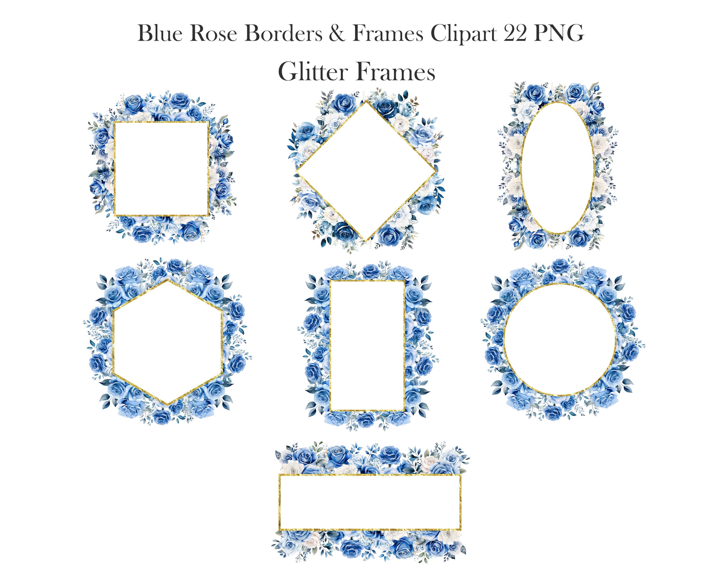Blue Rose Border Clipart, Watercolor Flower Border PNG Bundle, Wedding ...