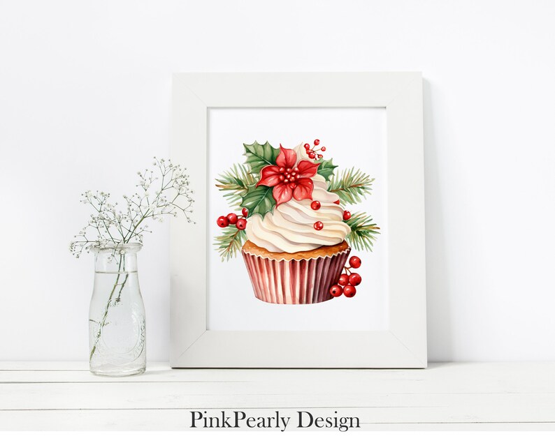 Christmas Cupcake Clipart Bundle, Watercolor Christmas Dessert PNG ...