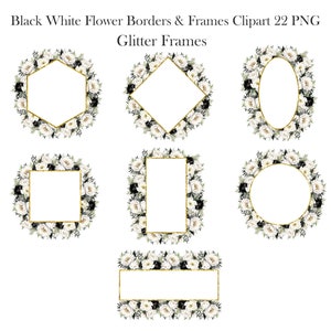 Black White Flower Border Clipart, Watercolor Flower PNG Bundle, White ...