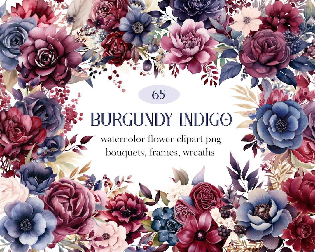 Burgundy Indigo Flower Clipart, Watercolor Burgundy Indigo Floral PNG ...
