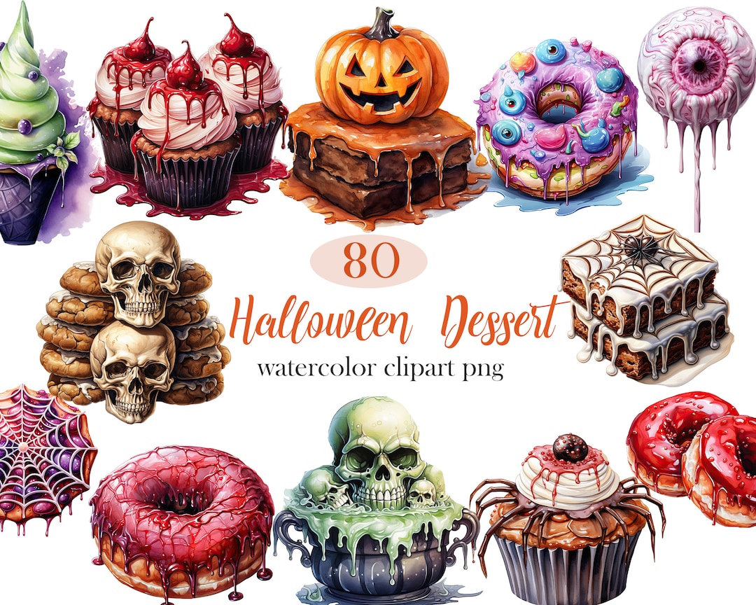 Halloween Dessert Clipart, Watercolor Halloween Sweet Treat PNG, Spooky ...
