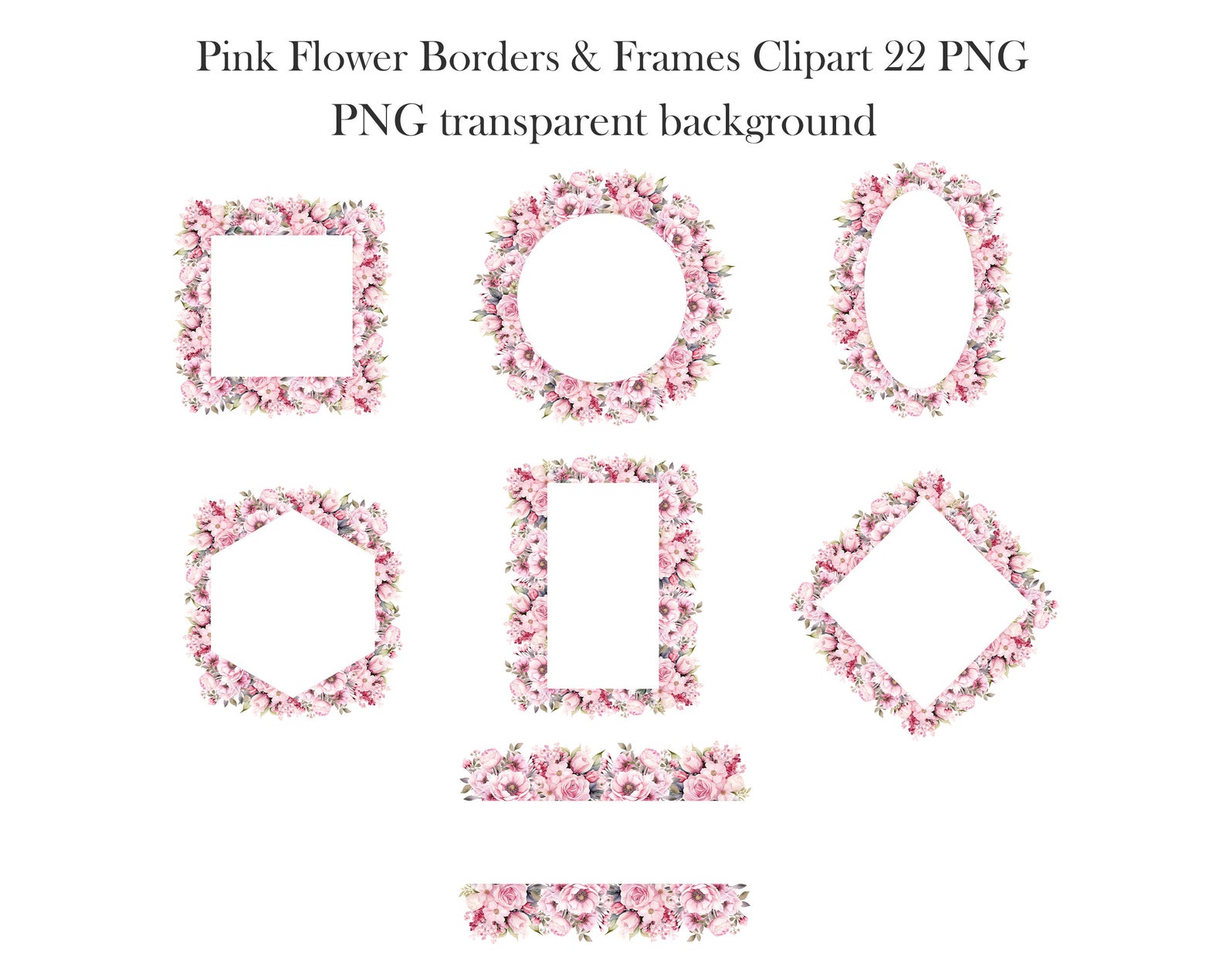 Pink Flower Border Clipart, Watercolor Floral Clipart Bundle, Pink ...
