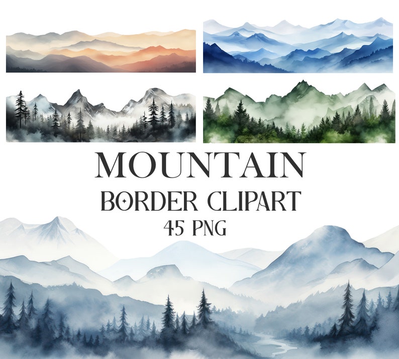 Mountain Clipart, Mountain Border, Mountain PNG, Watercolor Mountain ...