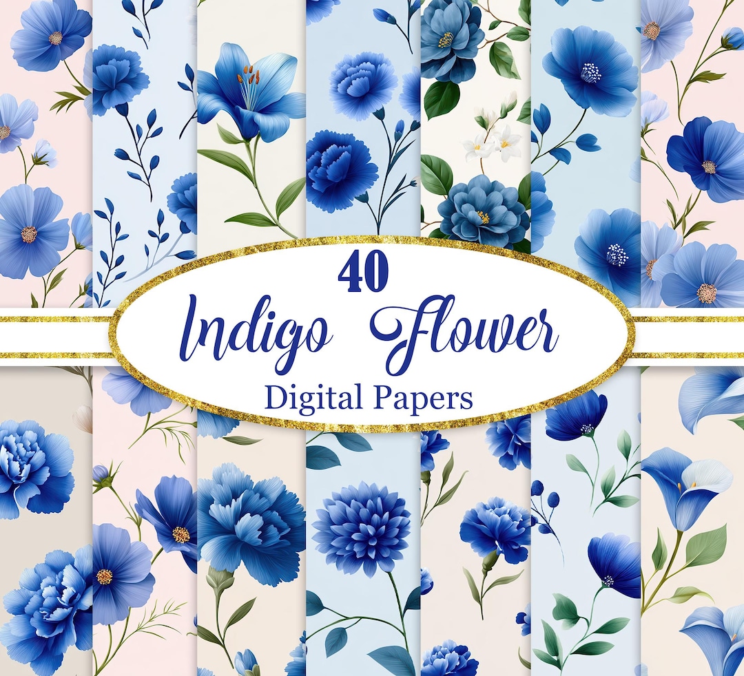 Indigo Blue Flower Digital Paper, Blue Floral Background, Spring Flower ...