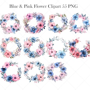 Blue and Pink Flower PNG, Watercolor Pink Blue Floral Clipart, Flower ...