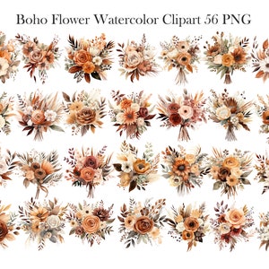 Boho Flower Watercolor Clipart, Wedding Flowers Bouquet PNG, Watercolor ...
