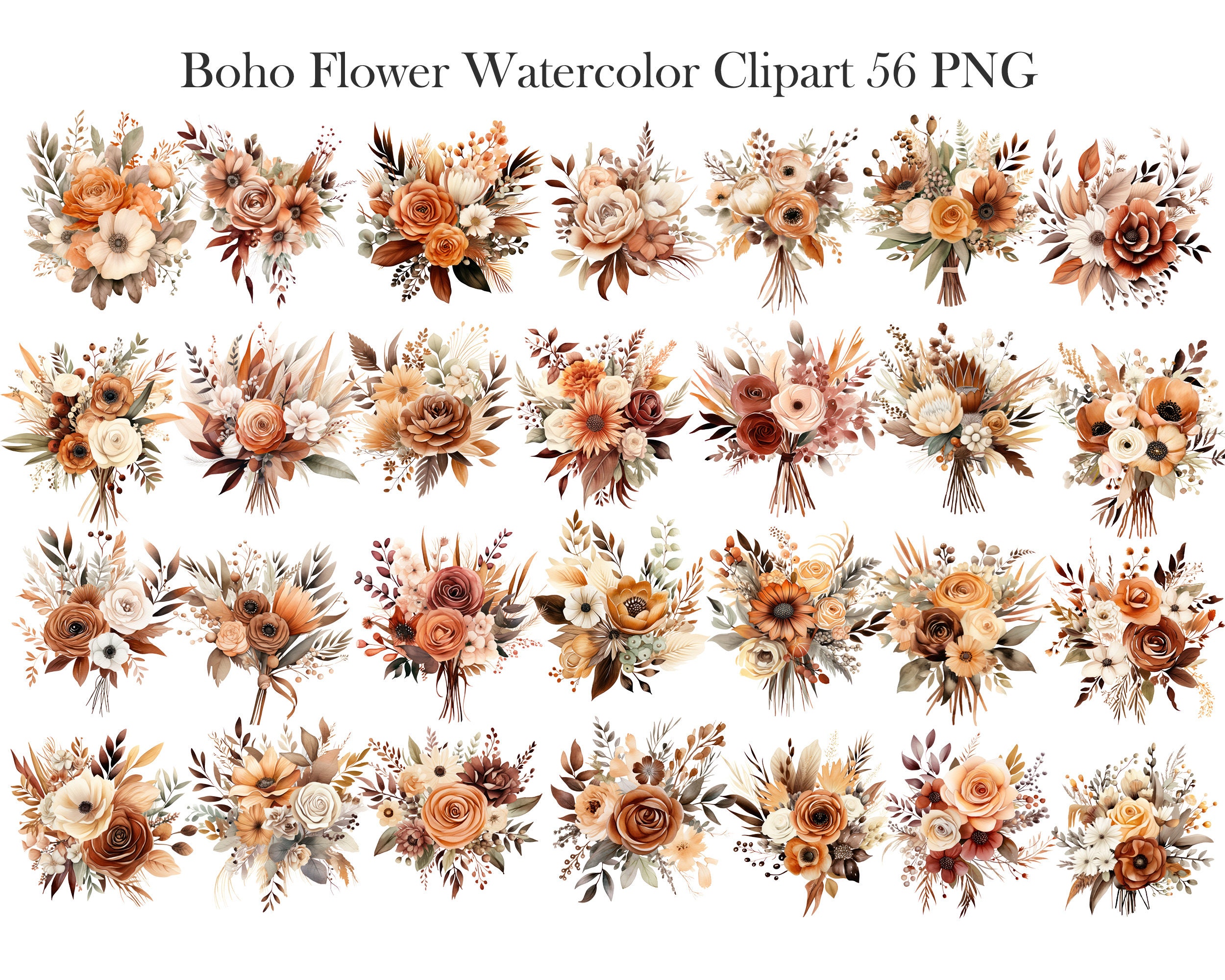Boho Flower Watercolor Clipart, Wedding Flowers Bouquet PNG, Watercolor ...