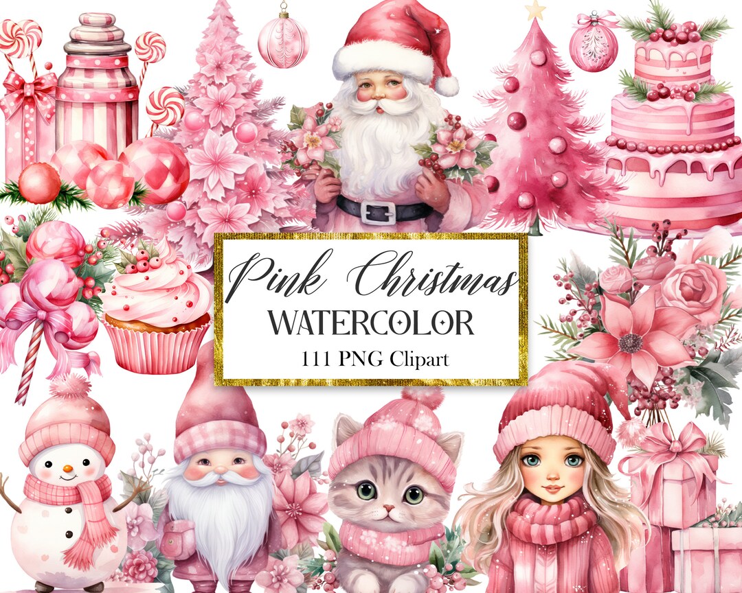 Pink Christmas Clipart, Watercolor Christmas PNG, Sublimation ...
