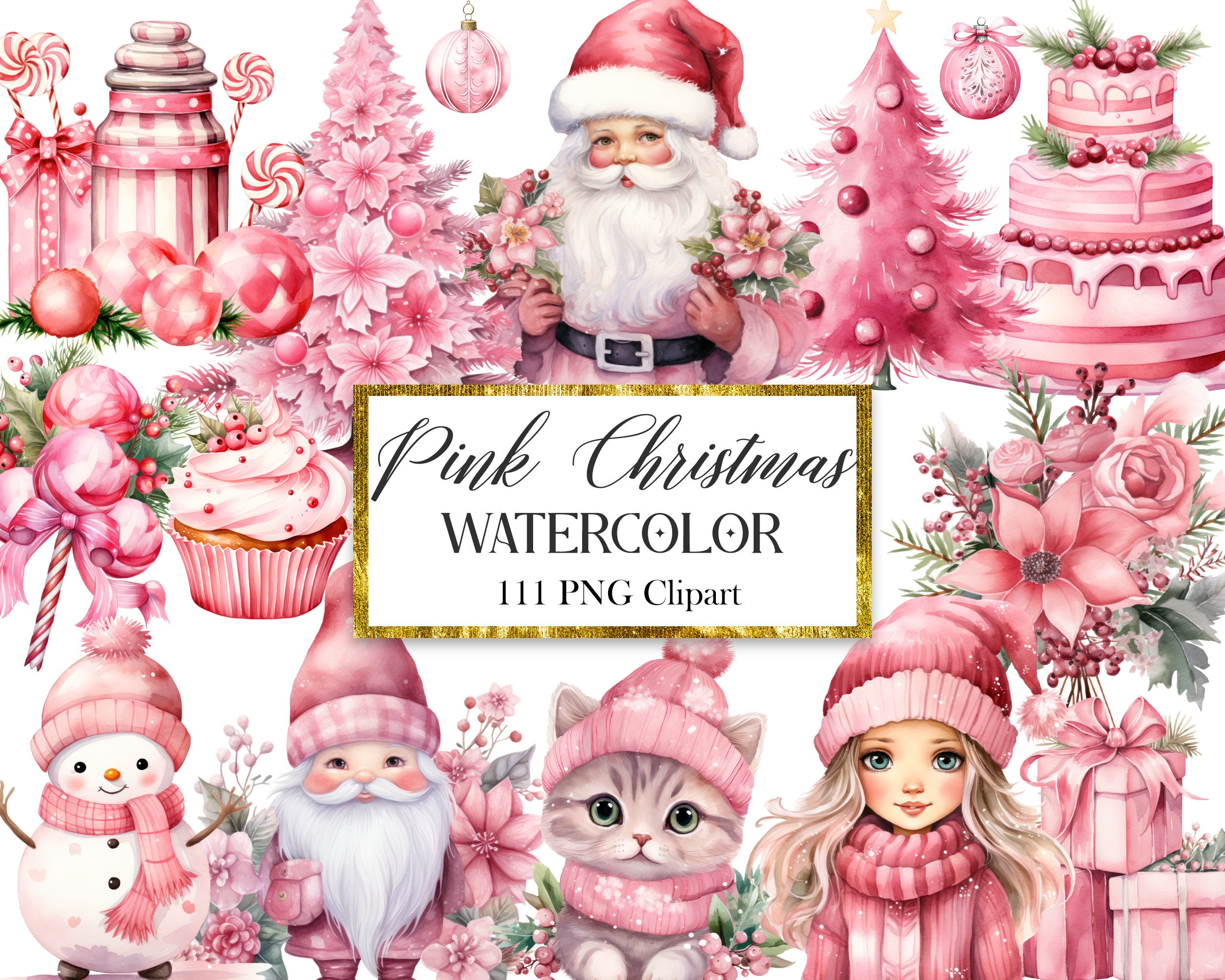 Pink Christmas Clipart, Watercolor Christmas PNG, Sublimation ...