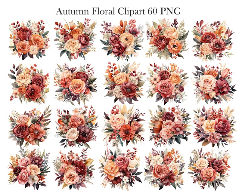 Autumn Flower PNG, Watercolor Fall Flower Clipart Bundle, Floral Border ...